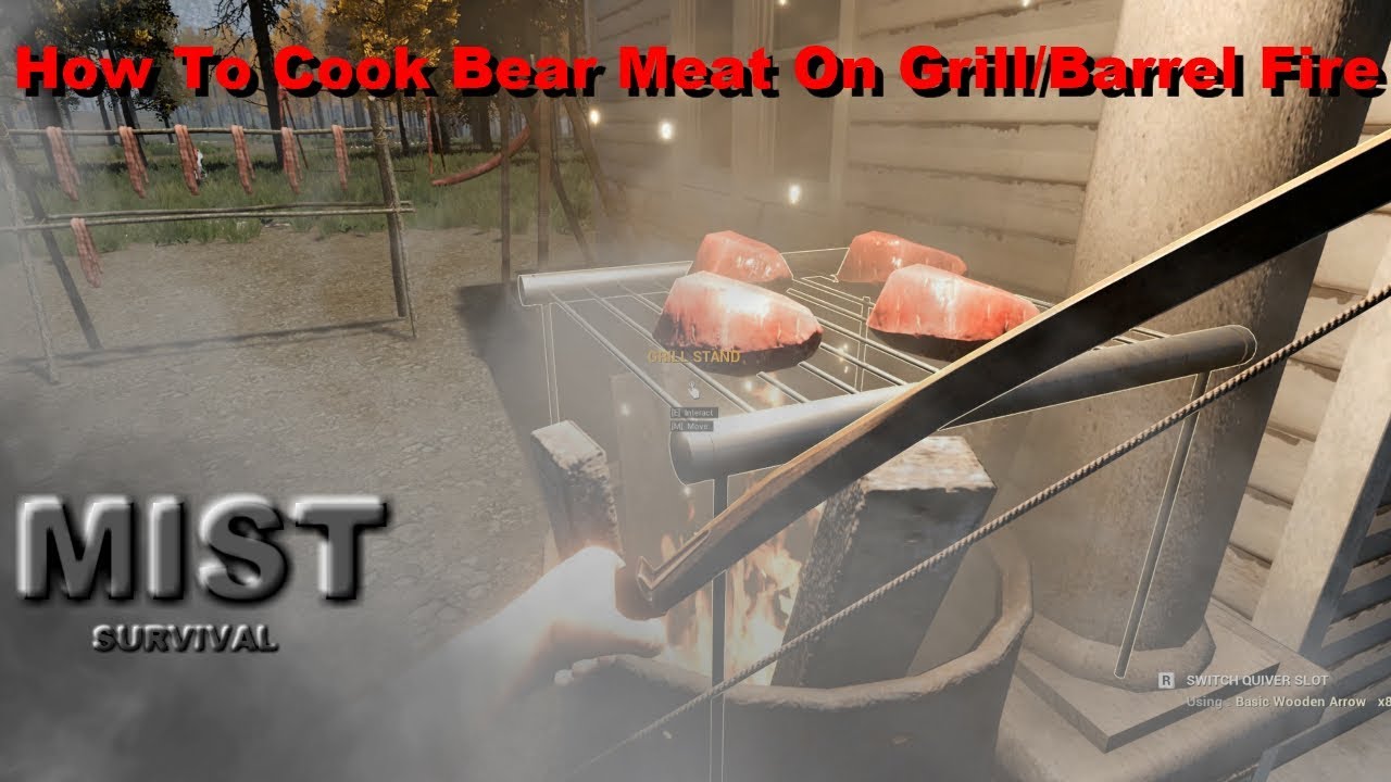 Mist Survival-Cooking Bear Meat on Grill/Barrel Fire - YouTube