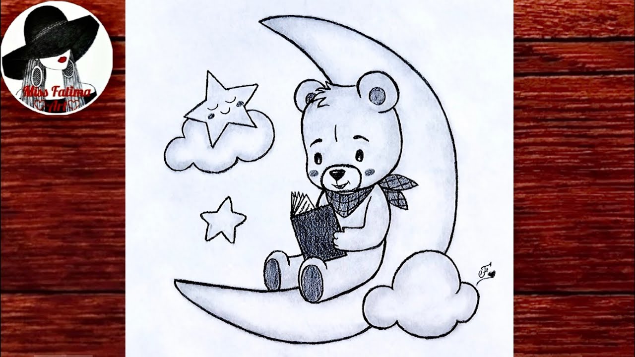 How to draw a Cute Teddy Bear sitting on the Moon || Easy Pencil ...