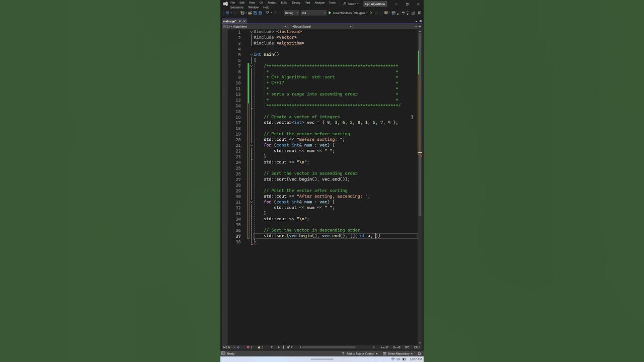 std::sort usage example. C++ Algorithms. #shorts #cplusplus #coding #programming #cpp #stl - YouTube