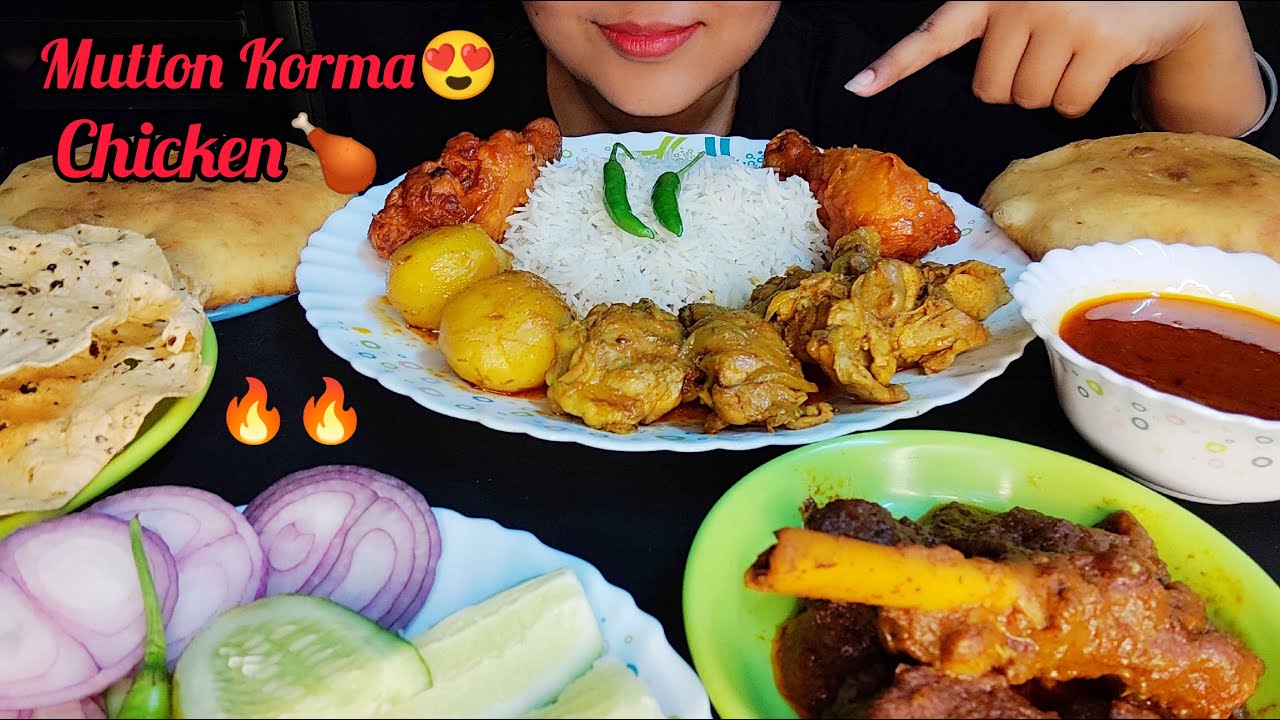 EATING LAL LAL MURGIR JHOL🔥, MUTTON KORMA, NAAN PURI AND FRIED CHICKEN ...