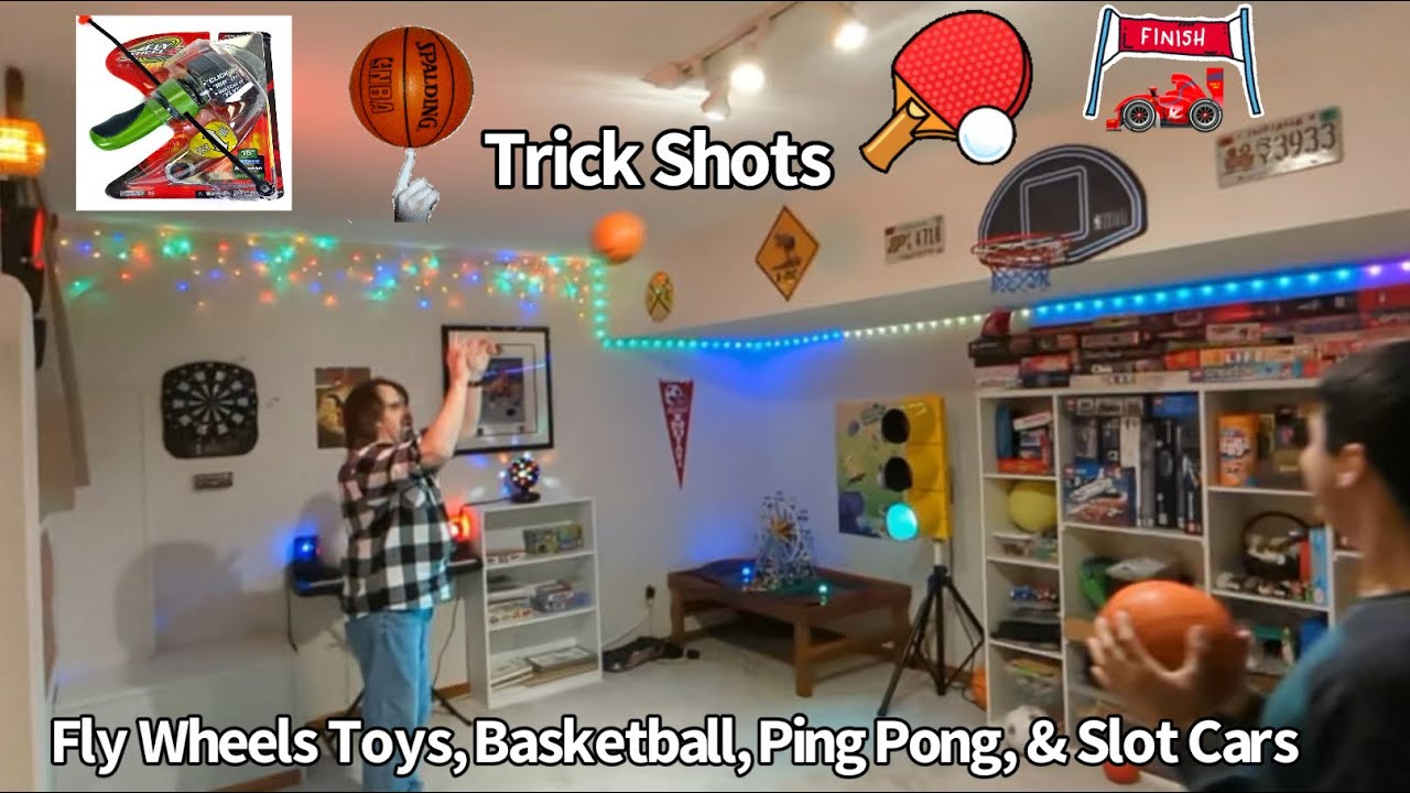 Trick Shots with Fly Wheel Toys, Basketball, Ping Pong, & Slot Cars ...