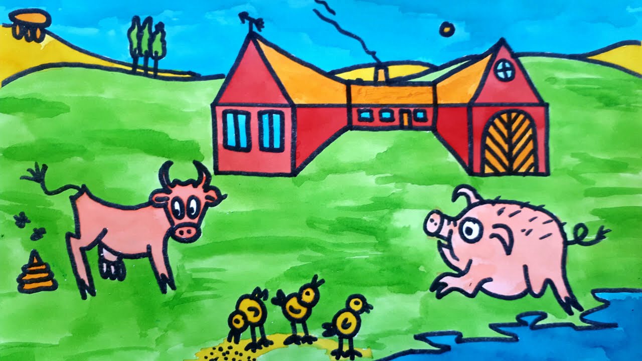 tegn dig glad gård gris ko høns country drawing - YouTube