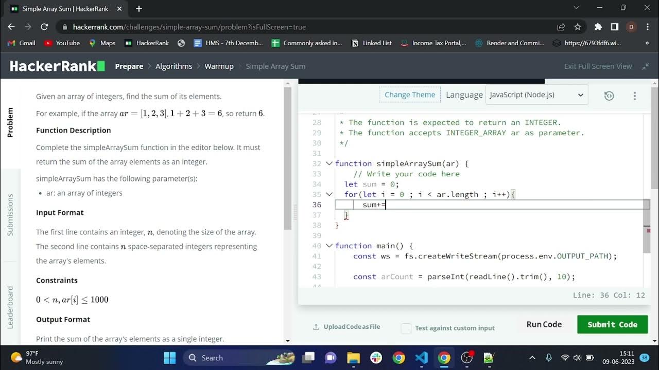 Sum Of Array Element In Hacker Rank How To Add Array Elements In Javascript Youtube