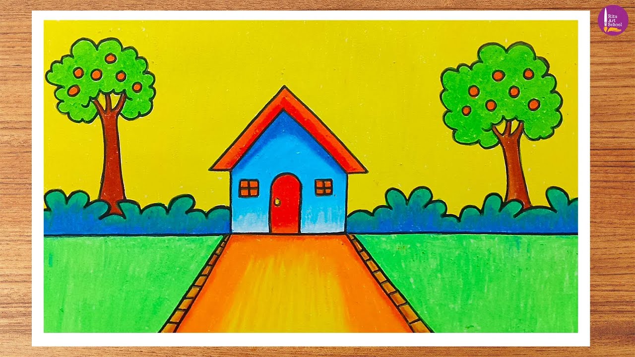 easy house scenery drawing | how to draw step by step scenery drawing ...