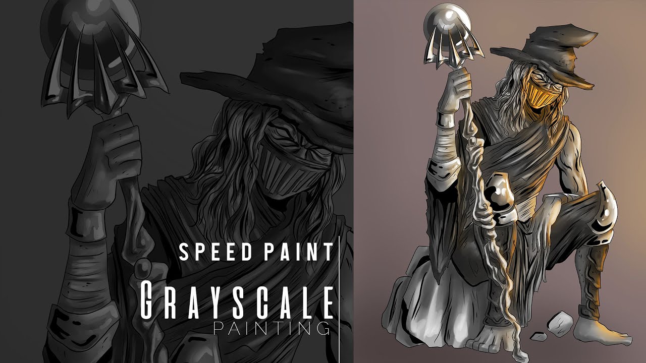 GRAYSCALE PAINTING OF DARK FANTASY CHARACTER [MEDIUM SPEED] - YouTube