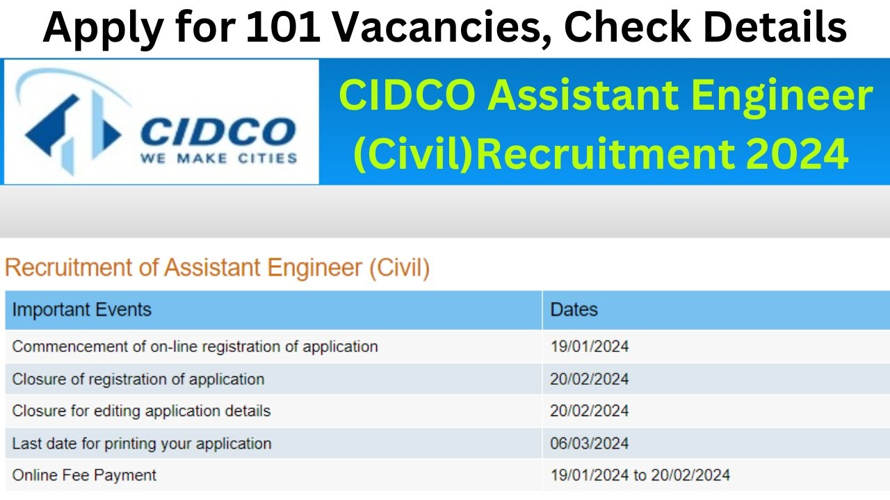 CIDCO Assistant Engineer (Civil) Recruitment 2024 - Apply for 101 ...