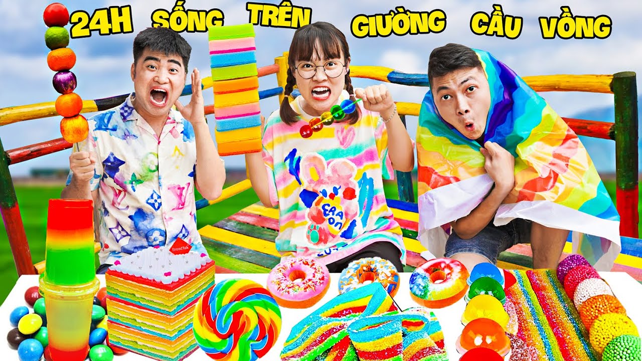 Hà Sam Thử Thách 24H Sống Ở Giường Cầu Vồng Rất Nhiều Đồ Ăn Màu Sắc ...