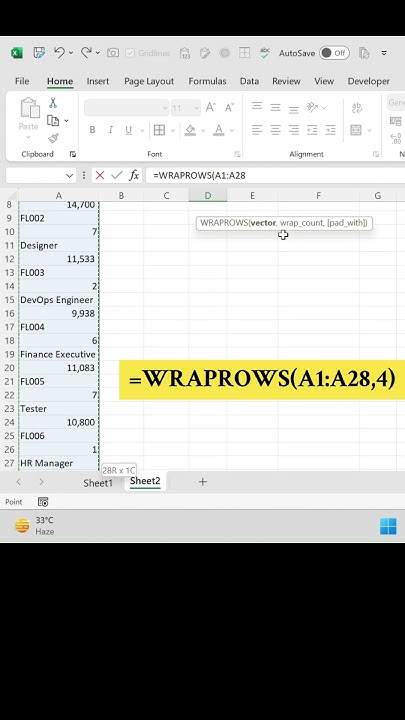 Use the WRAPROWS function in Excel to wrap your column data into rows. - YouTube
