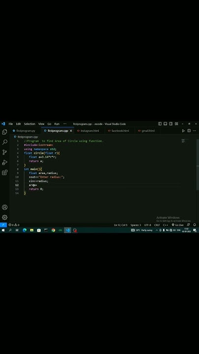 C Program To Find Area Of Circle Using Function Cpp Programming Coding Youtube