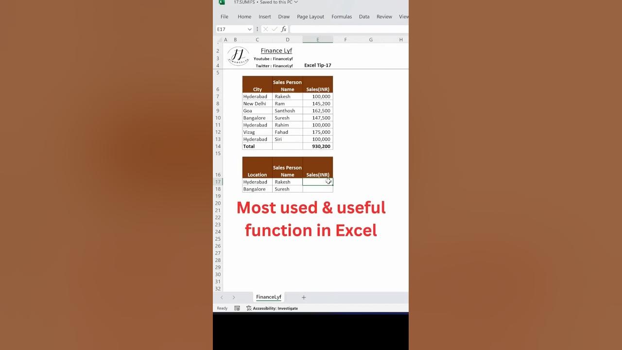 Excel Tip 17 Sumifs Function In Excel Exceltips Exceltricks Excel Shorts Reels Youtube