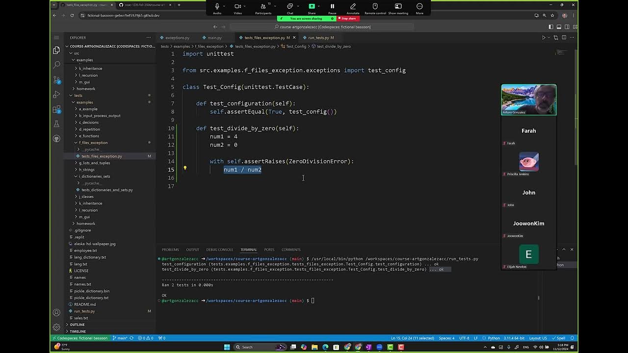 111224 COSC 1336 Python exceptions in test cases - YouTube