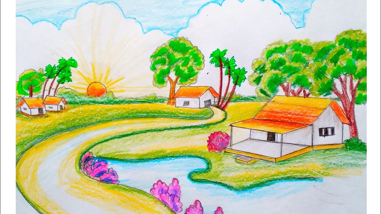 How to draw village scenery drawing step by step// Easy village drawing ...