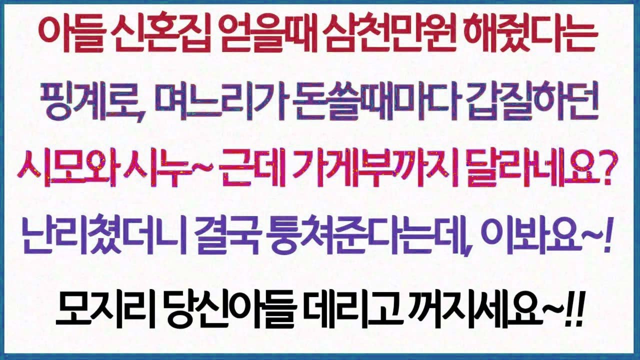 사이다사연아들 신혼집 얻을때 삼천만원 지원해줬다는 핑계로 며느리가 돈쓸때마다 갑질하던 시누와 시모 가게부까지 달라길래 그냥 당신 모지리 아들이나 데리고 꺼시세여