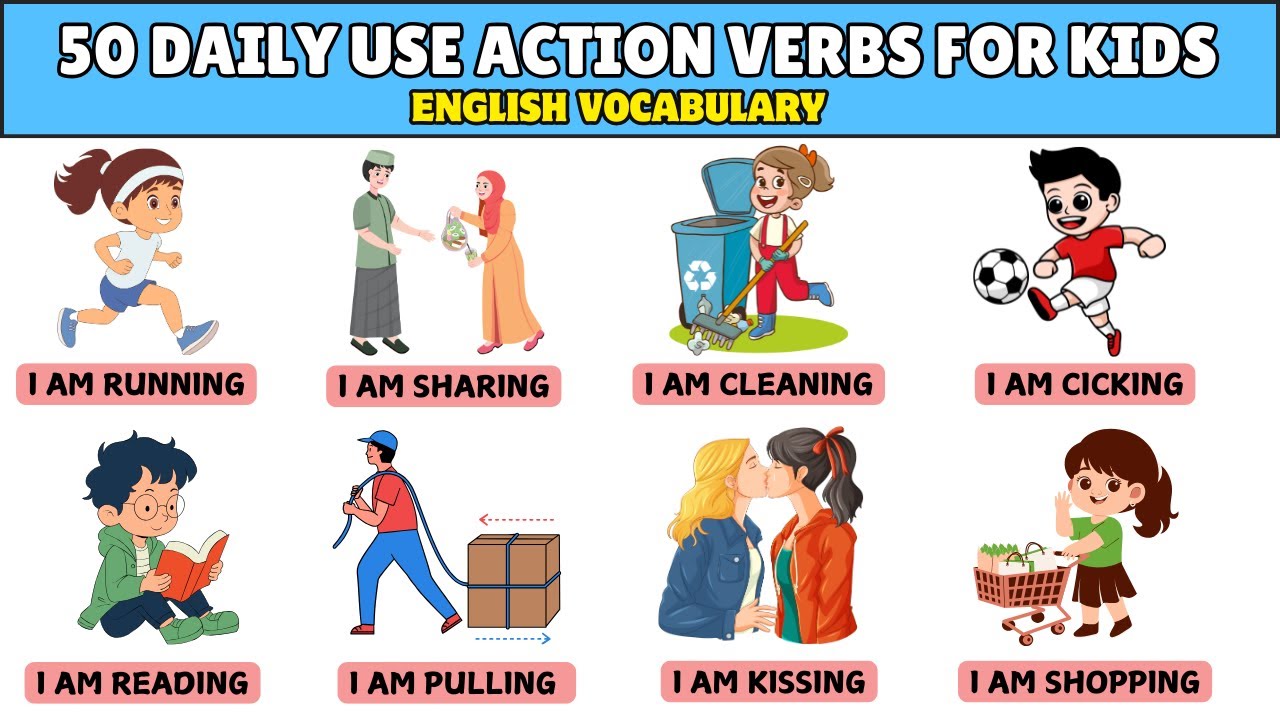 50 Daily Use Action Verbs for Kids| English Vocabulary| Common Action ...