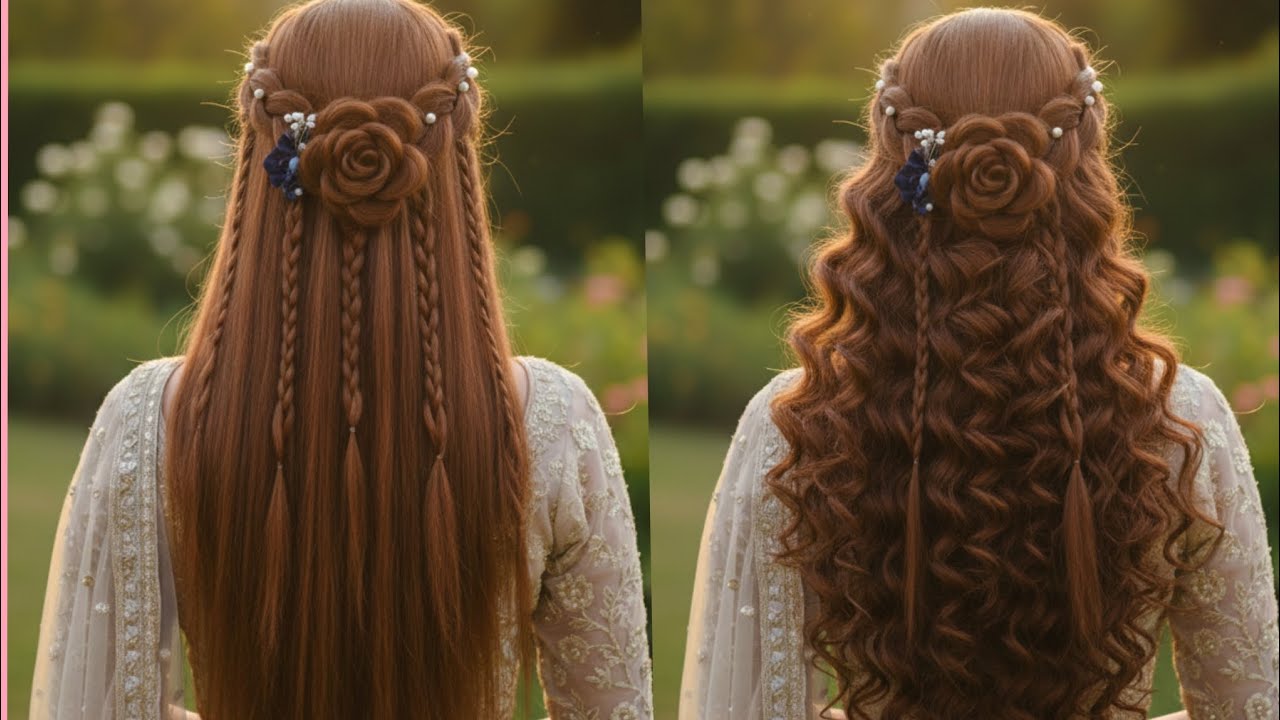 Open Hair Ulti Braid Hairstyle with Flowers | Curly & Straight Hair ...