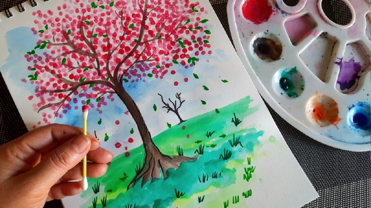 Cotton swabs painting technique | Spring Summer season scenery drawing ...