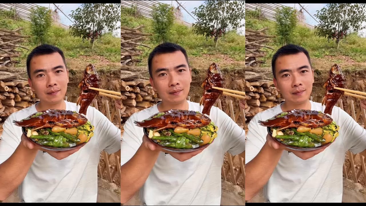Village food exhibition, eating rice with fried fish and chili Mukbang ...