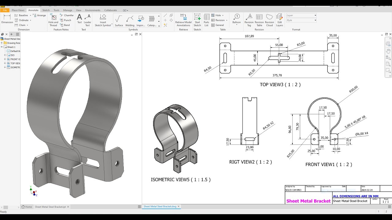 Autodesk inventor 2024 Exercise 22 Drawing Sheet Metal Bracket - YouTube