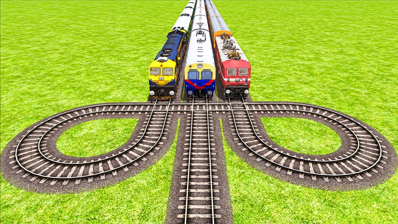 Three High Speed Trains Crossing 360 Degree Circular Overlapping Rail ...