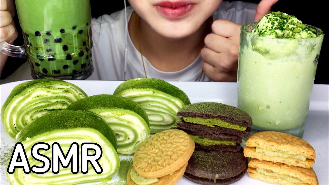 ASMR GREEN TEA BUBBLE TEA, CREPE ROLL, COOKIE, ICECREAM 💚 그린티 디저트 파티 💚 ...