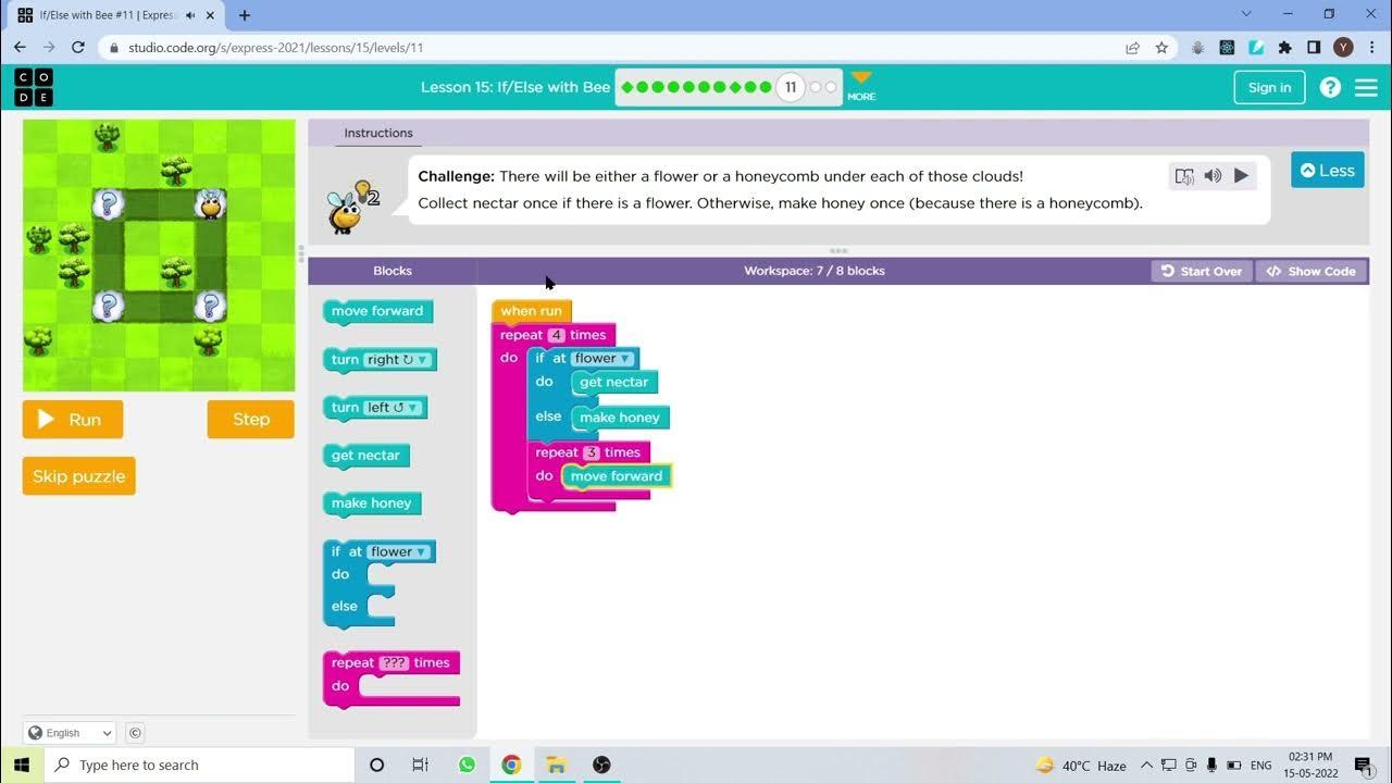 L15-11 |Code.org | Express-2021 | Lesson 15: If/Else with Bee | level 11 - YouTube