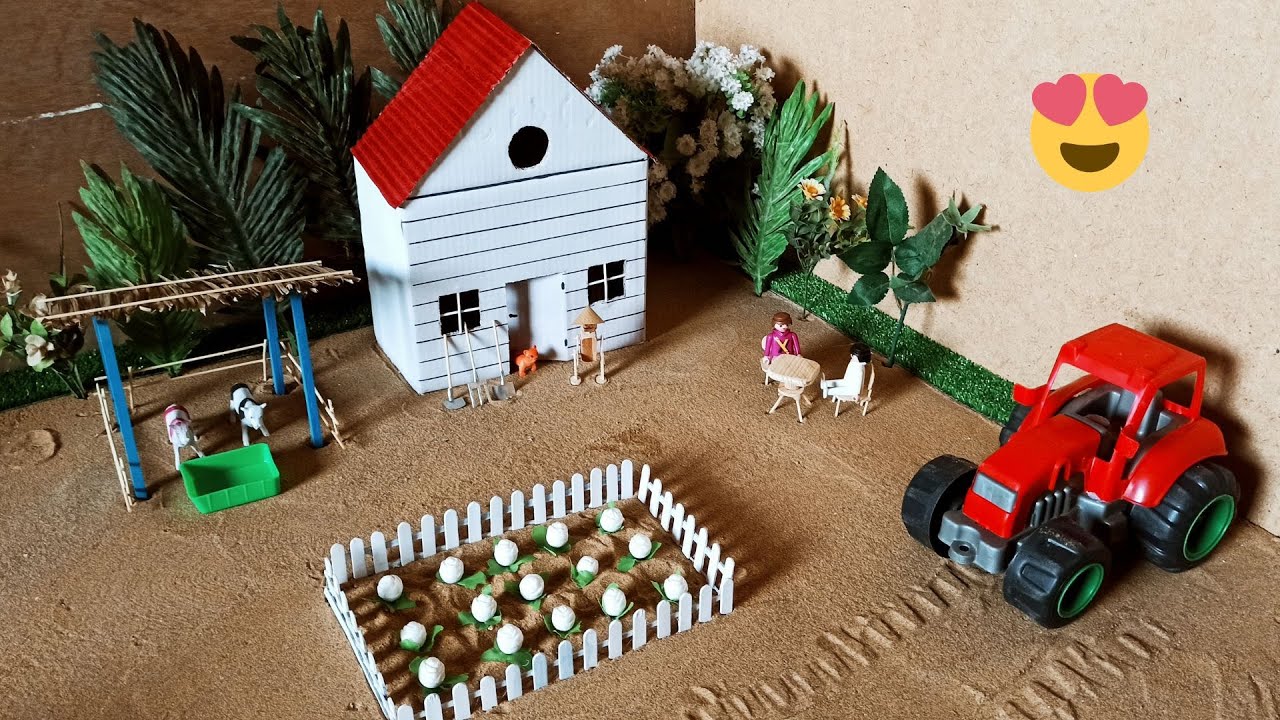 top diy tractor mini farm diorama withe house for cow - YouTube