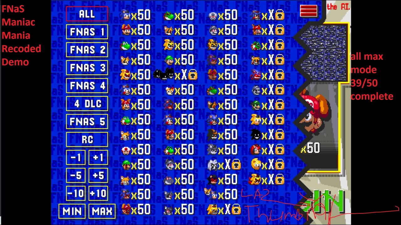FNaS Maniac Mania Recoded demo all max mode 39/50 complete - YouTube