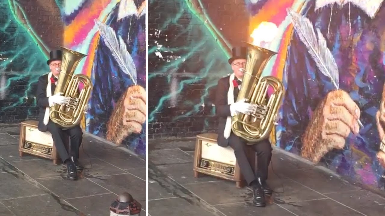Busker With Flaming Tuba Impresses In London - YouTube