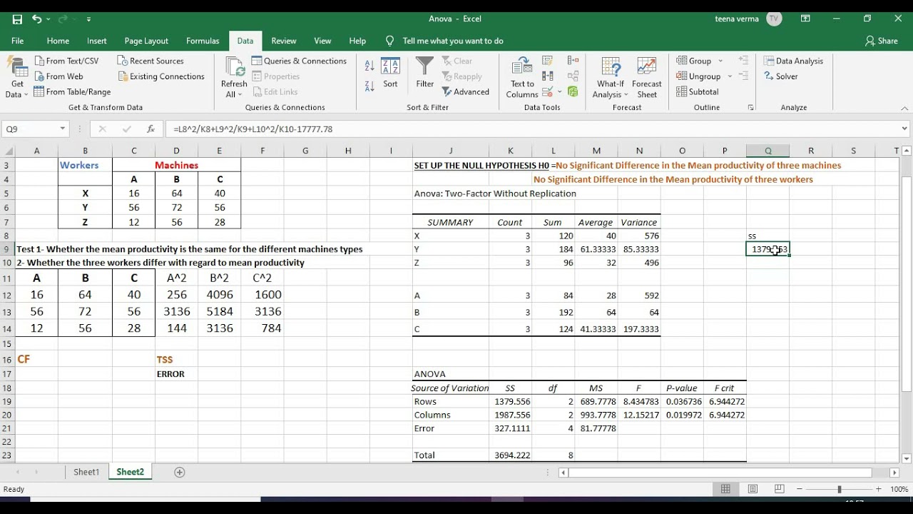 ANOVA TWO WAY CLASSIFICATION USING MICROSOFT EXCEL PART-2 - YouTube