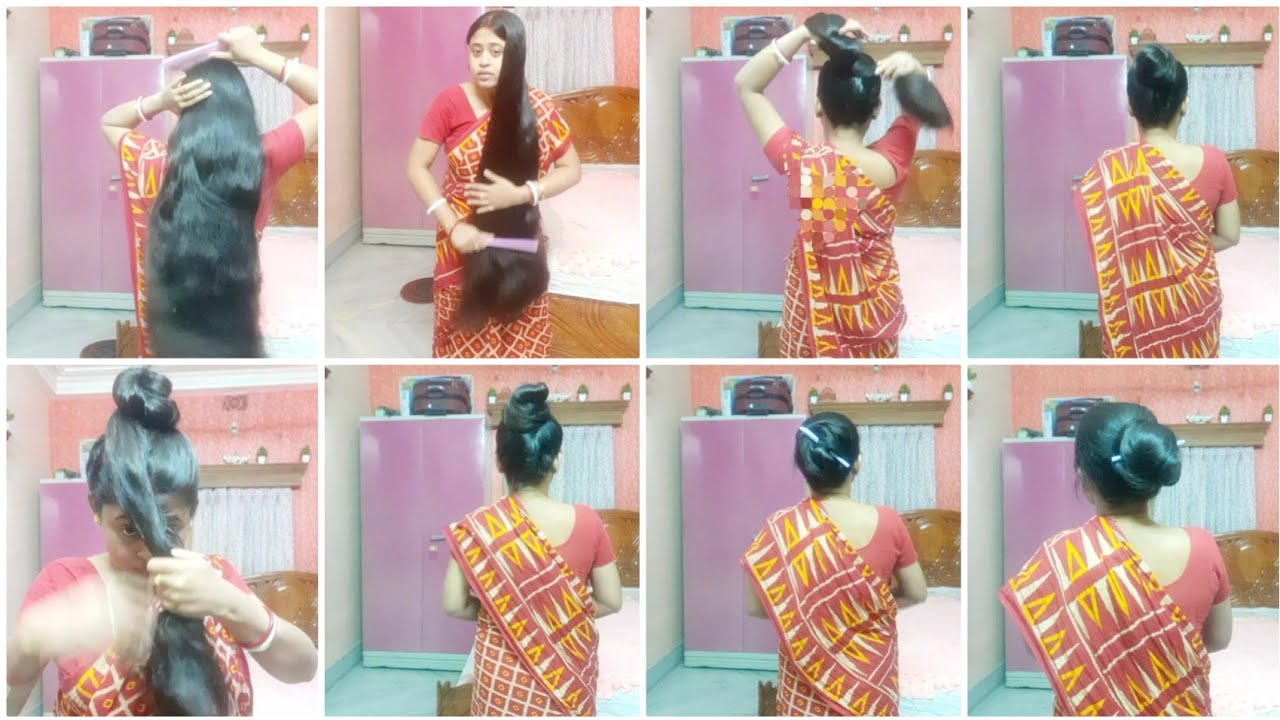Long hair combing and then I make a top bun/A Twist bun/Two pen bun ...