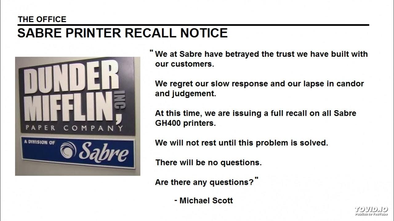 The Office: Sabre Printer Recall Notice - YouTube
