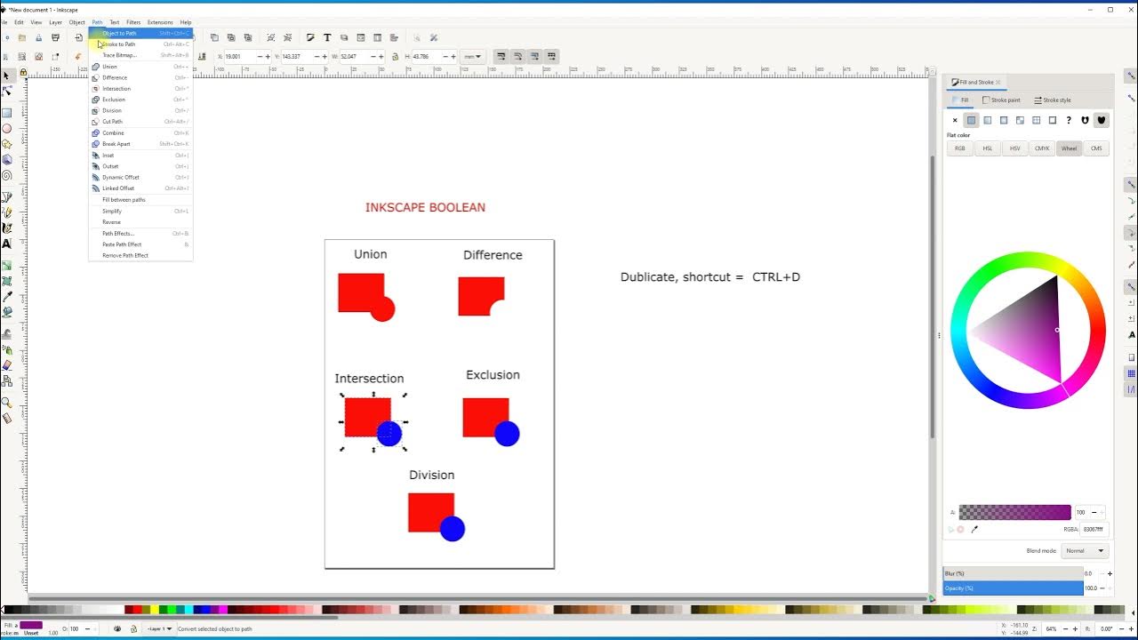 Inkscape Boolean; Union, Difference, Intersection, Exclusion, Division - YouTube
