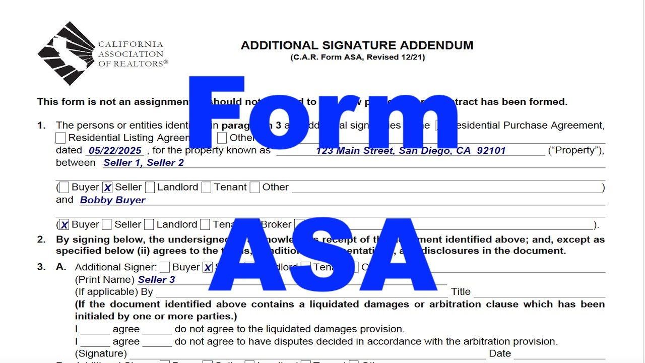 Additional Signature Addendum CAR Form ASA - Add Up To 5 Signatures on ...