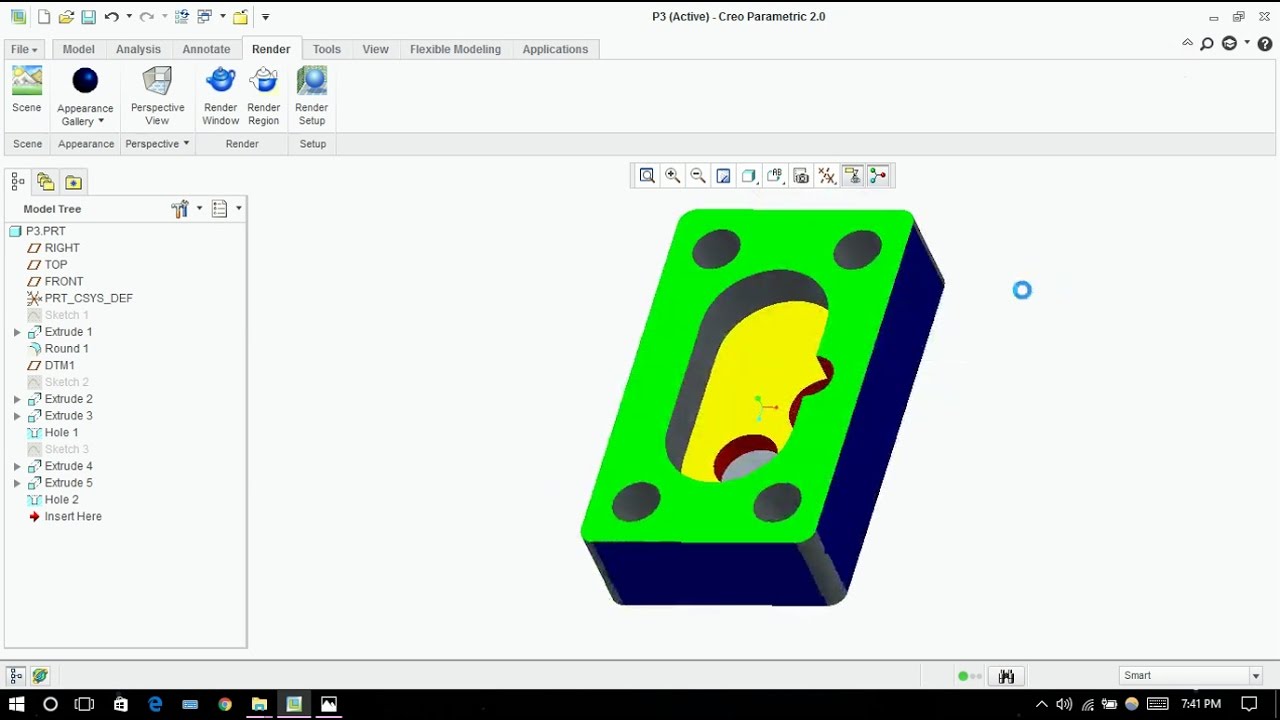Creo Parametric 2.0 Tutorial 3 | Mirror | Holes | Sketch | Axis ...