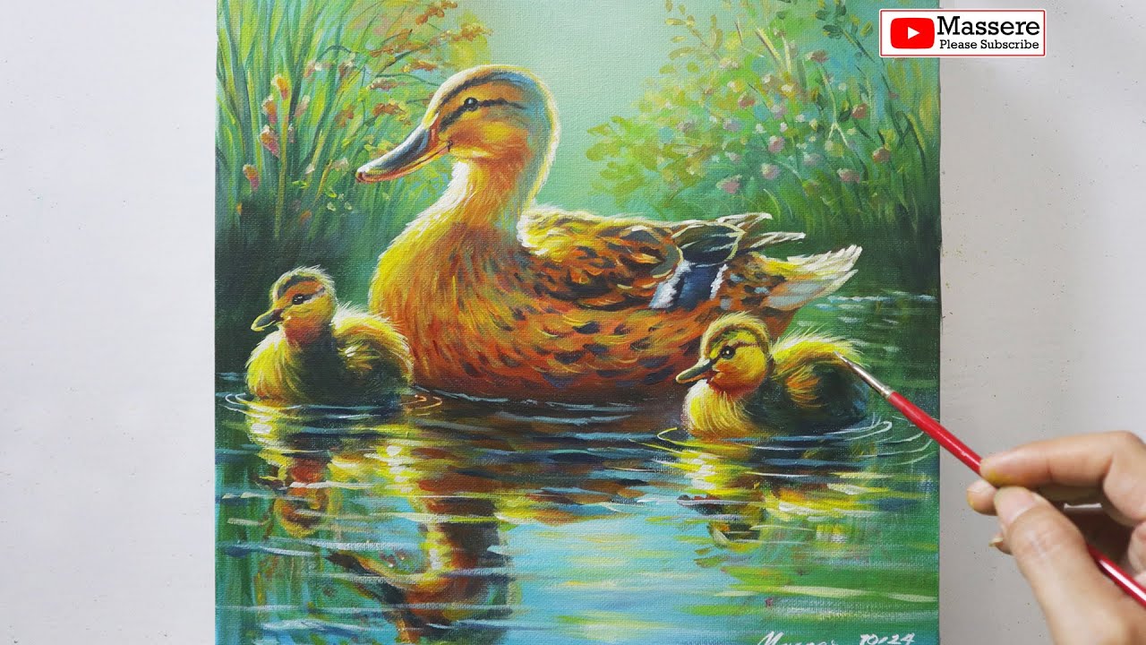 Easy Acrylic Painting a Duck and Ducklings on Canvas Step by Step ...
