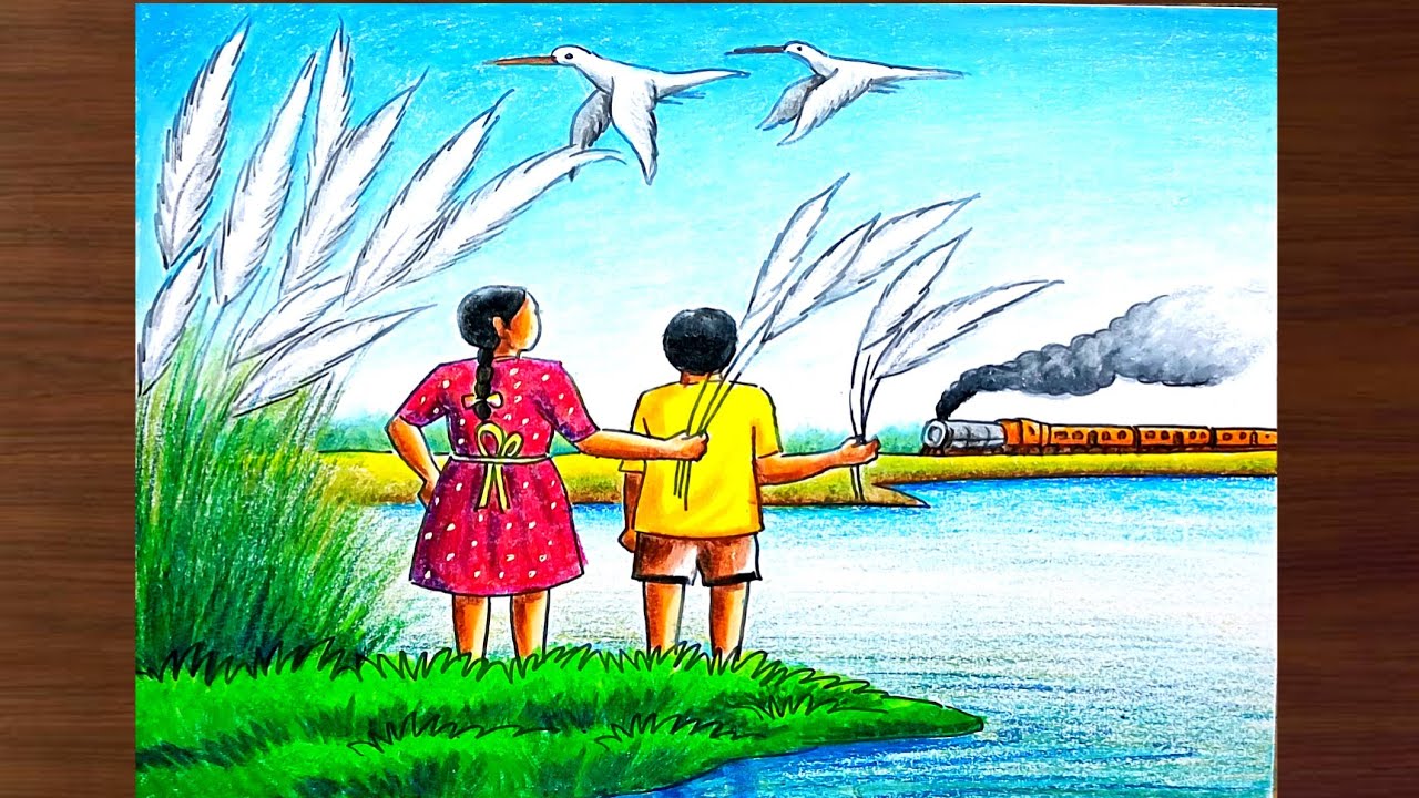 Autumn season scenery drawing step by step/Saratkal scenery drawing ...