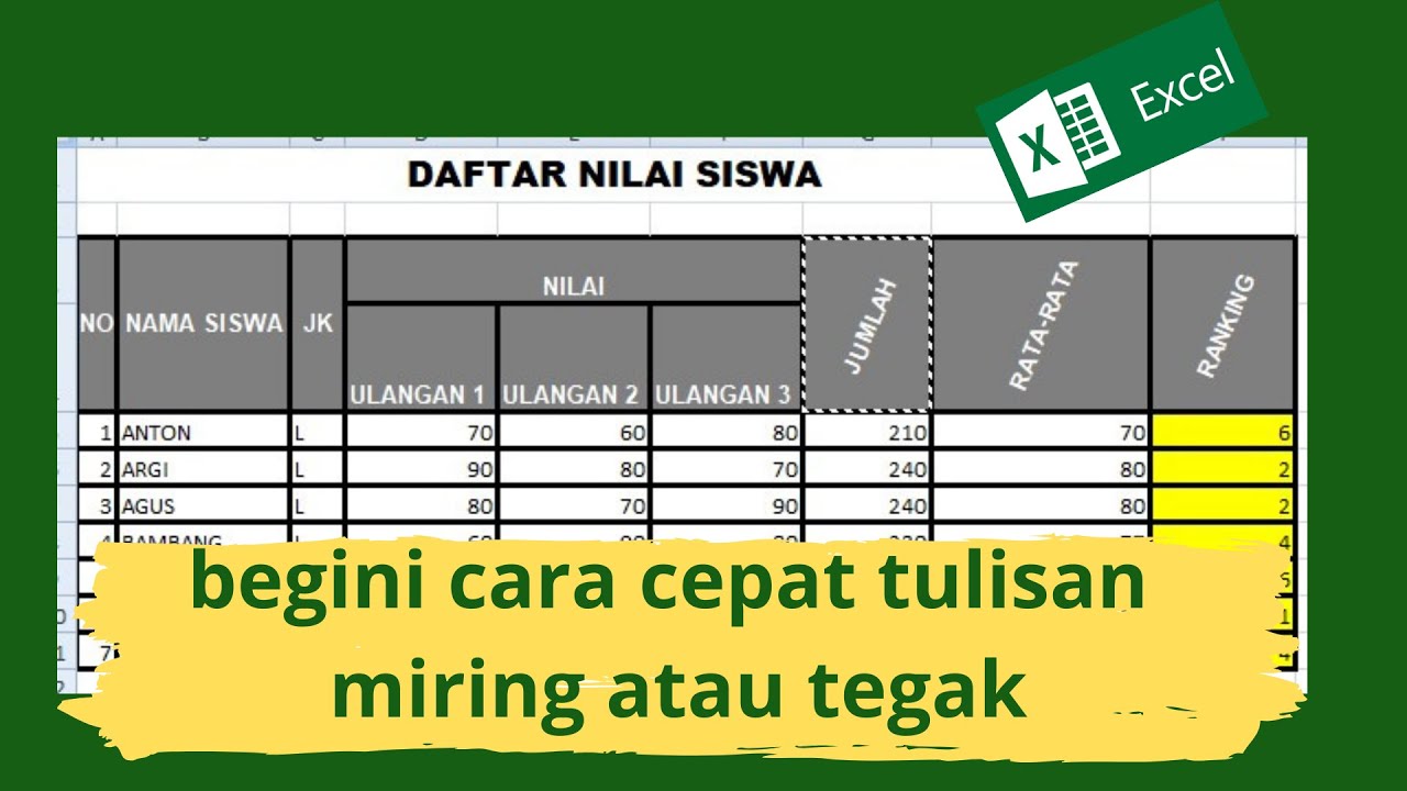 cara membuat tulisan miring dan tegak serta prankingan pada excel - YouTube