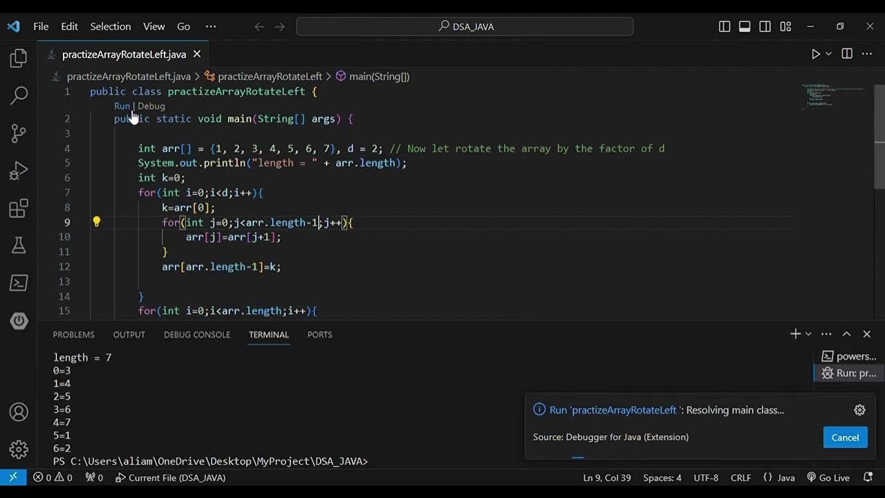 Practise Ques Array Rotate Left | DSA JAVA | Visual Studio Code 2023 - YouTube