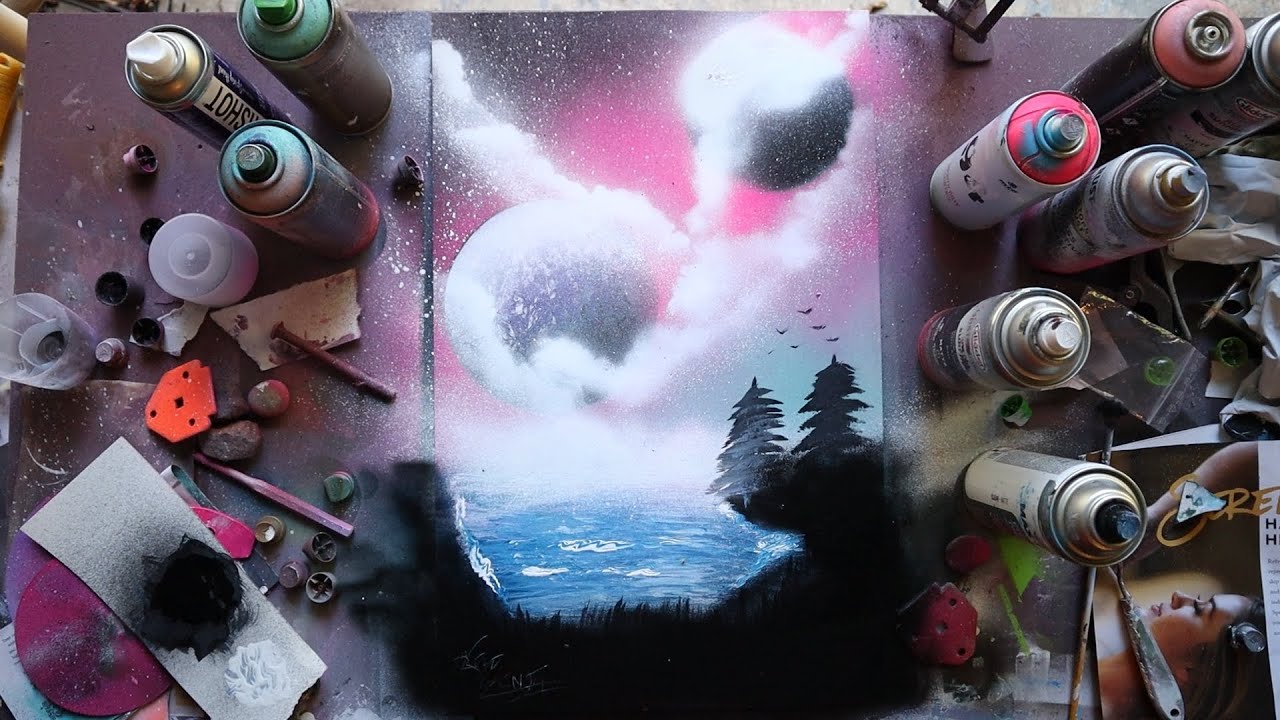 Using SPRAY PAINT To Make A Cosmic Lake Painting - ART BY Artist Senju ...