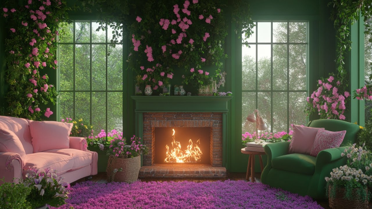 💚 Cozy Spring Fireplace 🌸 Blooming Cottagecore Ambience - YouTube