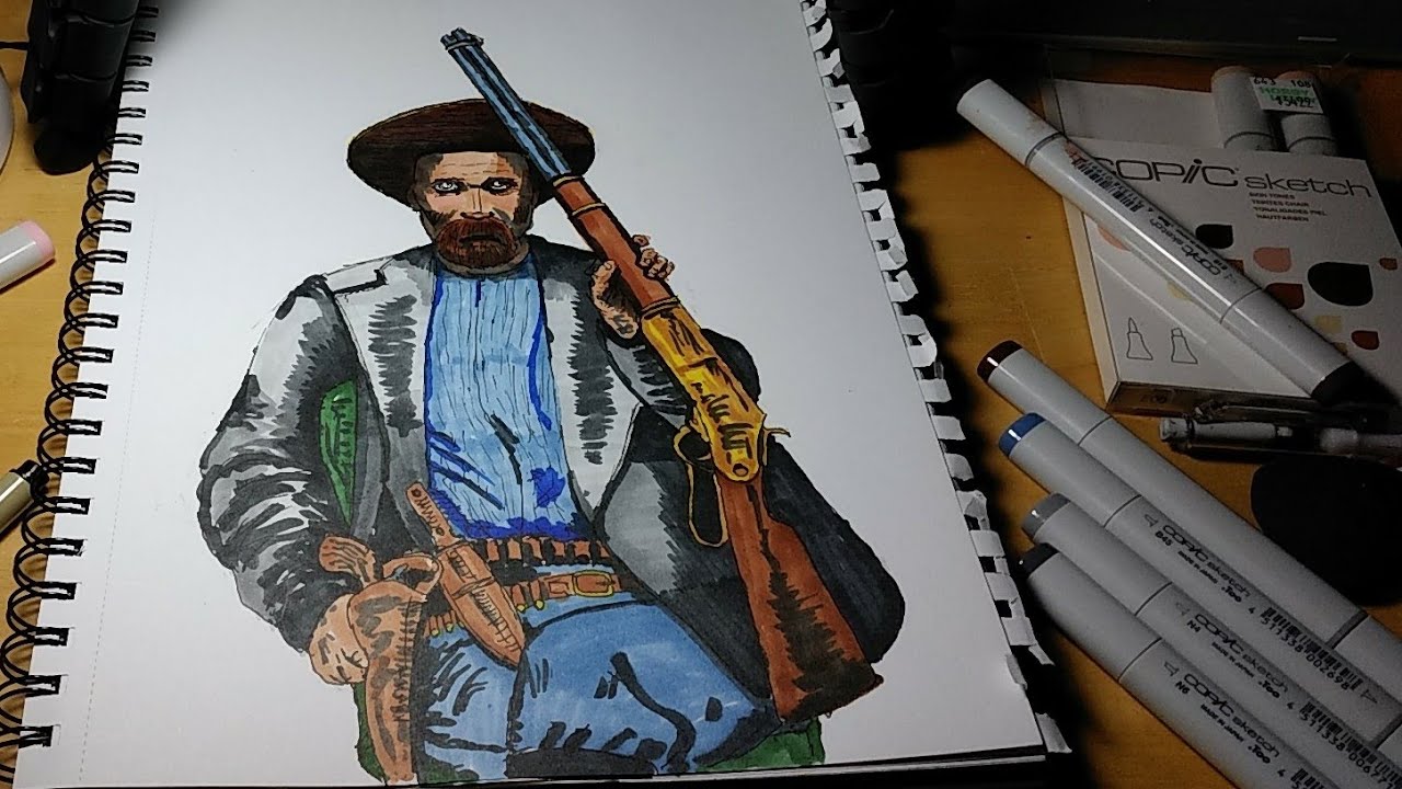 how to draw a cowboy texas ranger, copic sketch marker coloring - YouTube