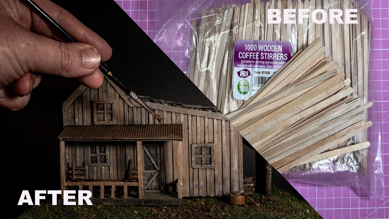 DIY wood cabin Diorama made from coffee stirrers - YouTube