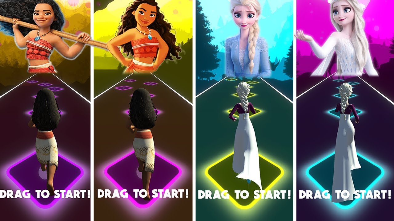 Moana VS Frozen Elsa - Tiles Hop! How Far I'll Go, Let It Go, Into The ...