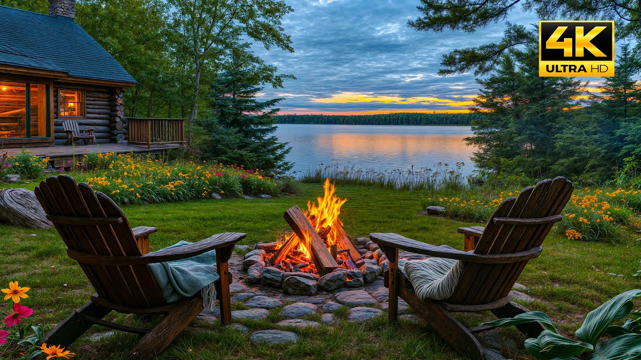 Relaxing Spring Evening: Cabin Life by the Lake with Cozy Campfire and ...