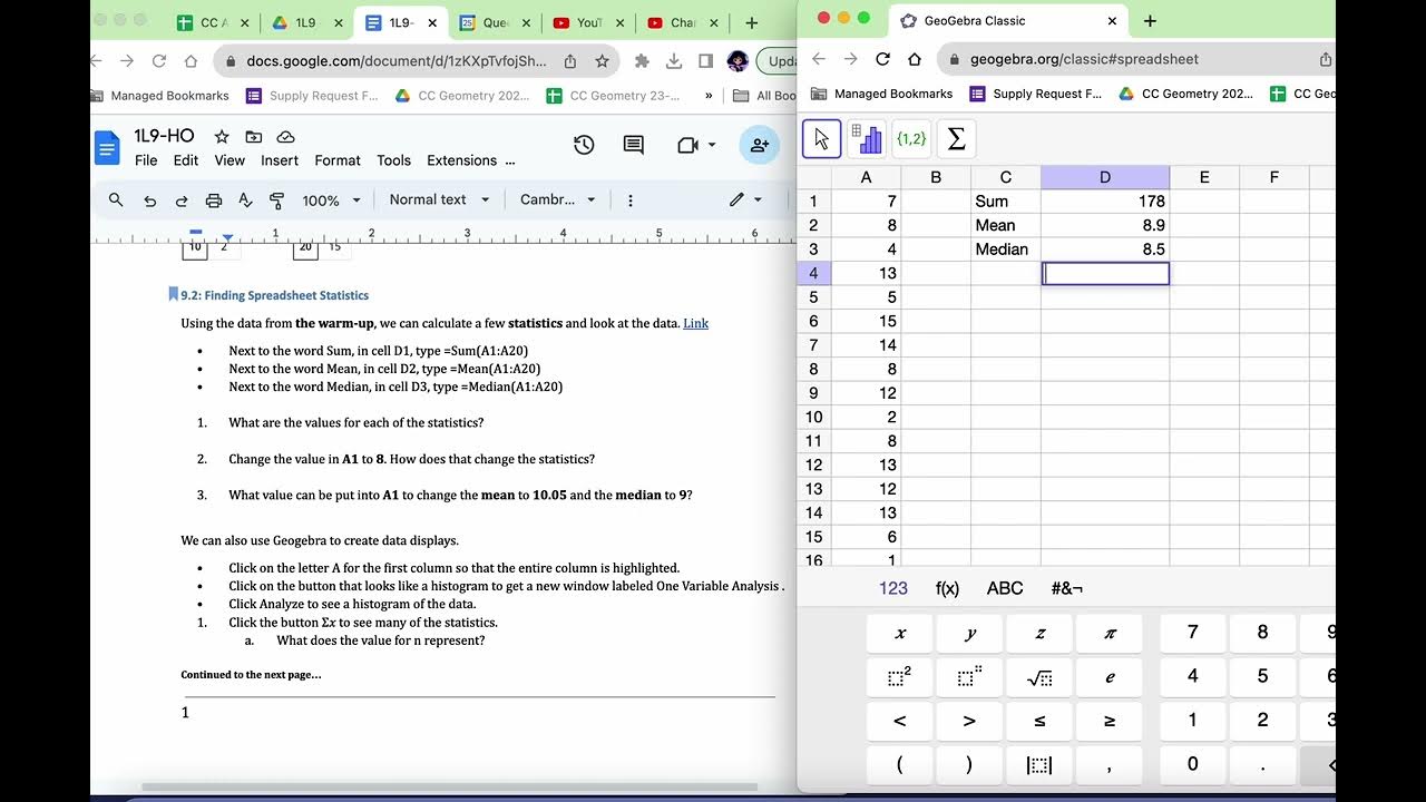 Using Geogebra for statistics, sum, mean, median formula - YouTube