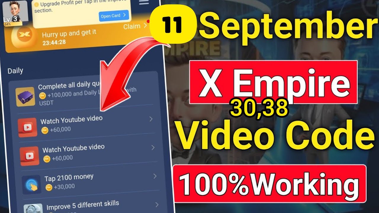 Xempire youtube code 11 September episode 30,38 | X empire daily combo ...