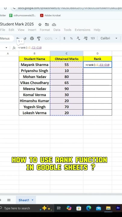 How to Use RANK Function in Google Sheets ? | Rank Function: Google Sheets #ytshort #trending ...