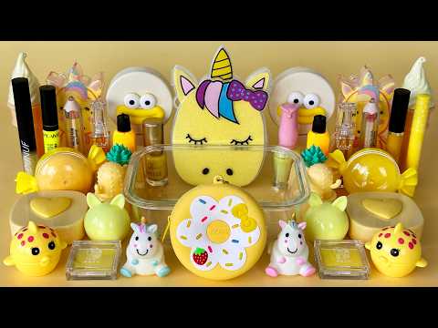 YELLOW SLIME 💛 Mixing makeup and glitter into Clear Slime. Satisfying Slime Videos 1080p.
