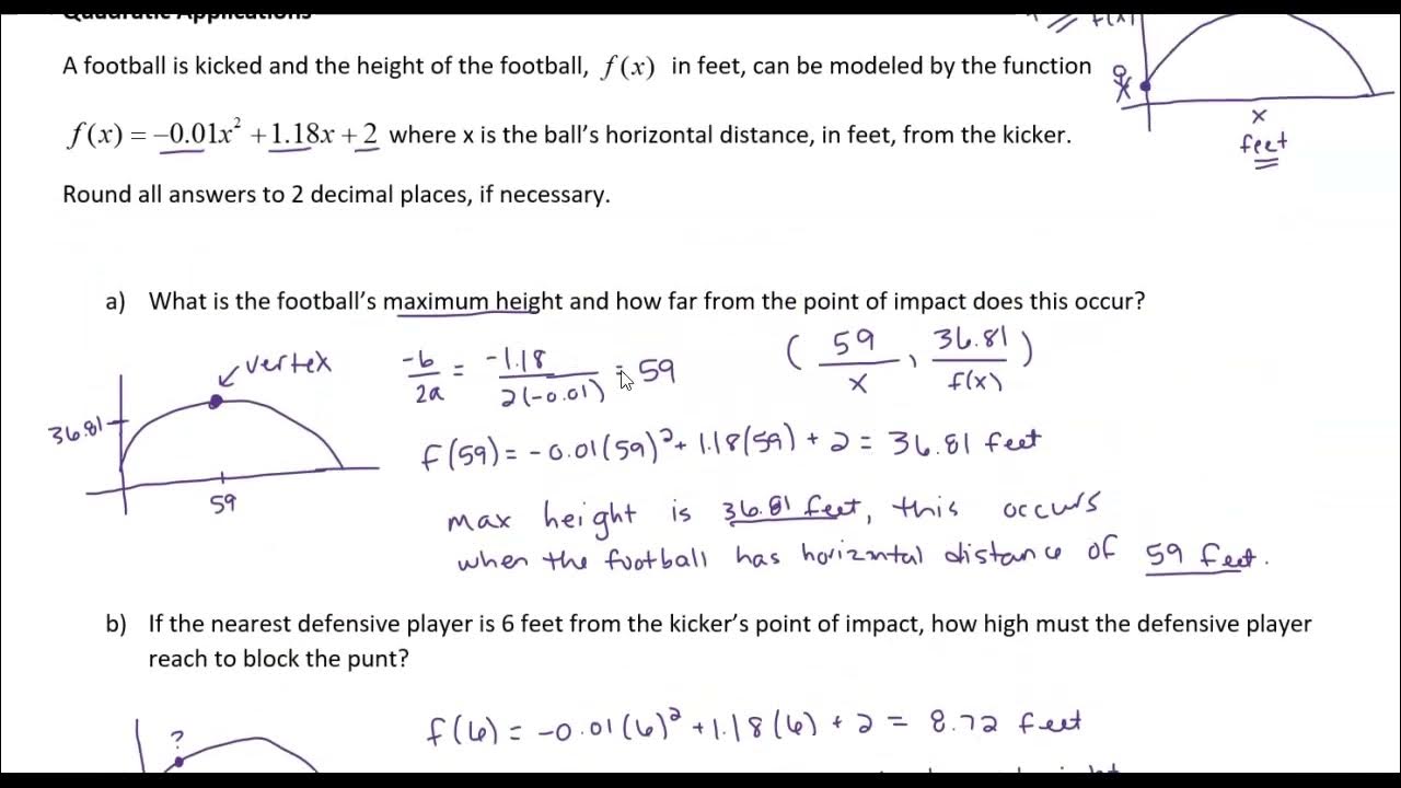 Quadratic Application - Path of a Football - YouTube