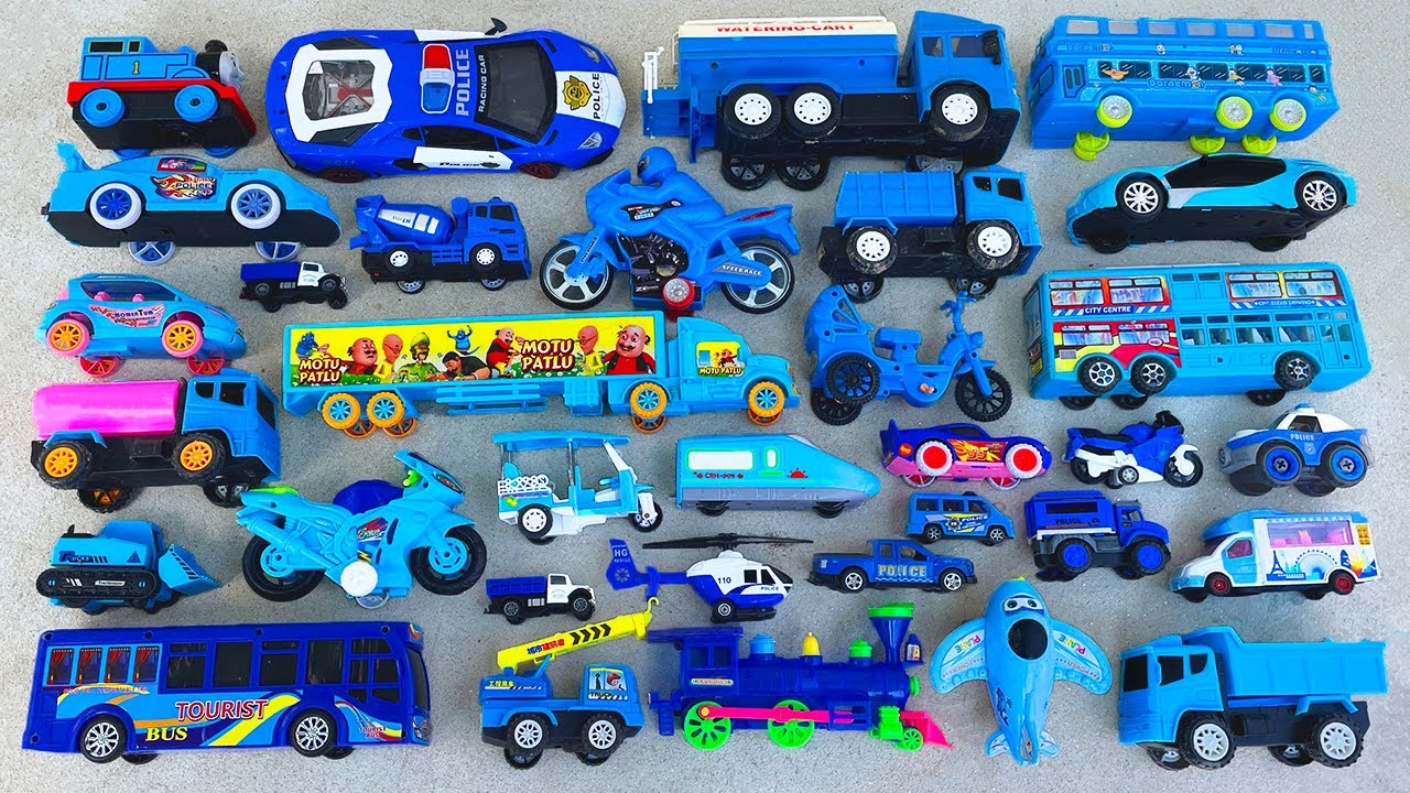 Finding Lots of Blue Color Toy Vehicles | Thomas Engine, Police Car ...